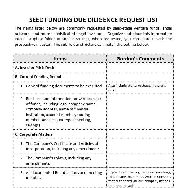 Due Diligence Checklist Seed Round Shockwave Innovations